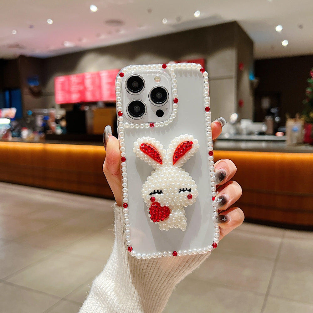 Cute 3D Pearl Rabbit with Pearl Border Transparent Phone Case Samsun